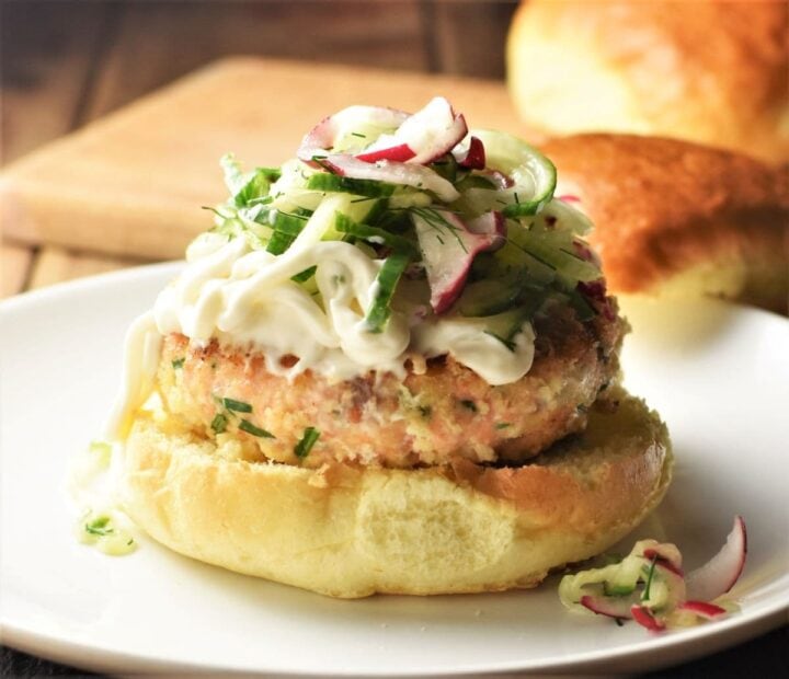 Fresh Salmon Burgers with Cucumber Radish Slaw - Everyday Healthy Recipes